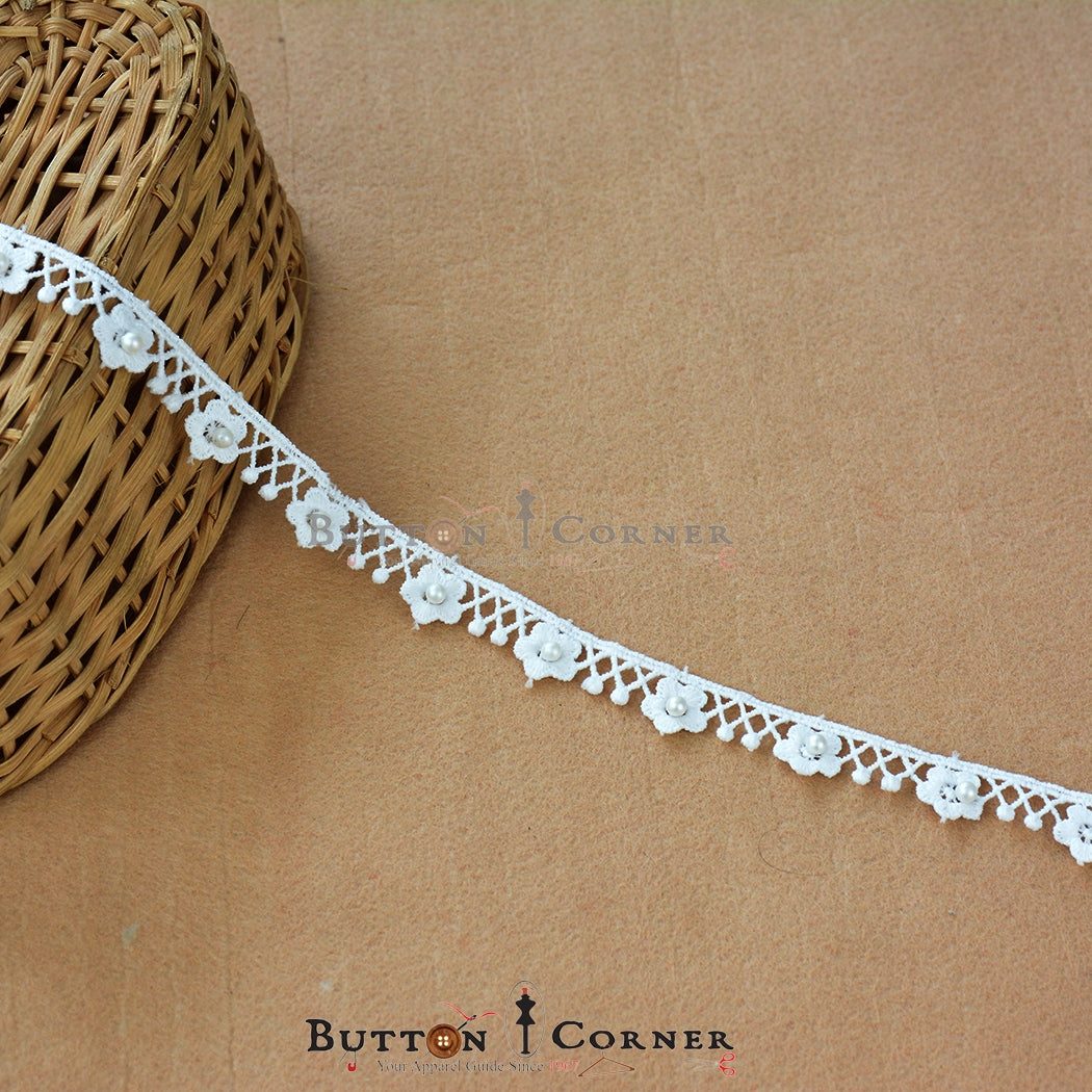 One Side Border Lace With Pearl – Button Corner